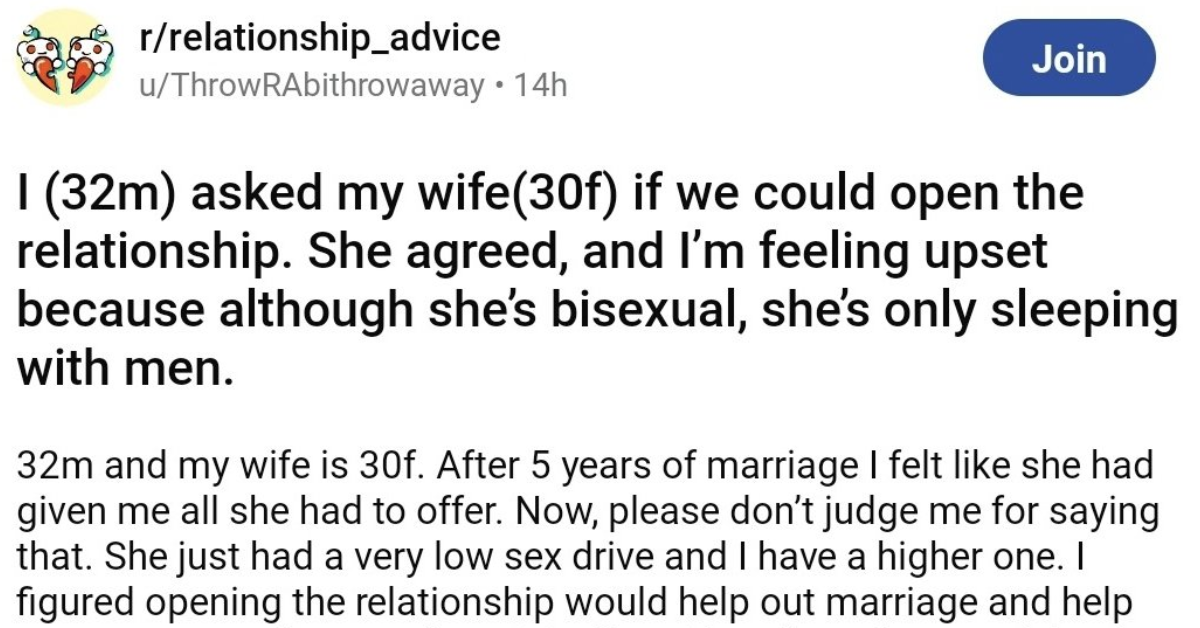 Man Regrets Asking For Open Marriage When Bisexual Wife Begins Dating ...